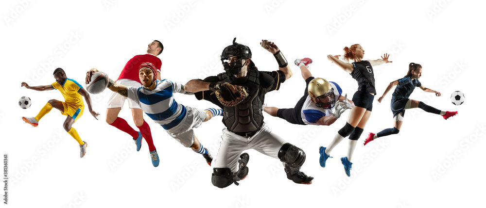 Collage of different professional sportsmen, fit men and women in ...