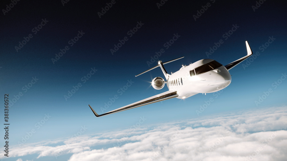 Realistic photo of a white, luxury generic design private jet flying ...