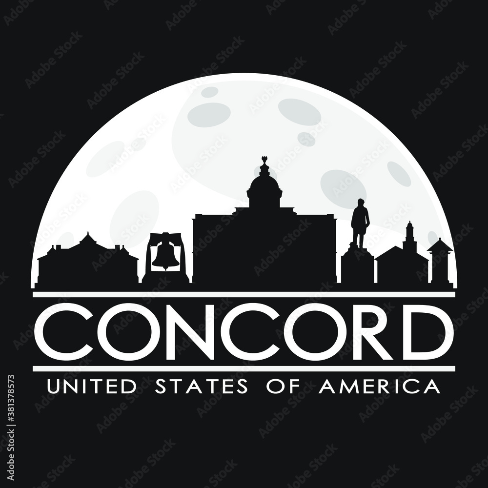 Concord Full Moon Night Skyline Silhouette Design City Vector Art ...