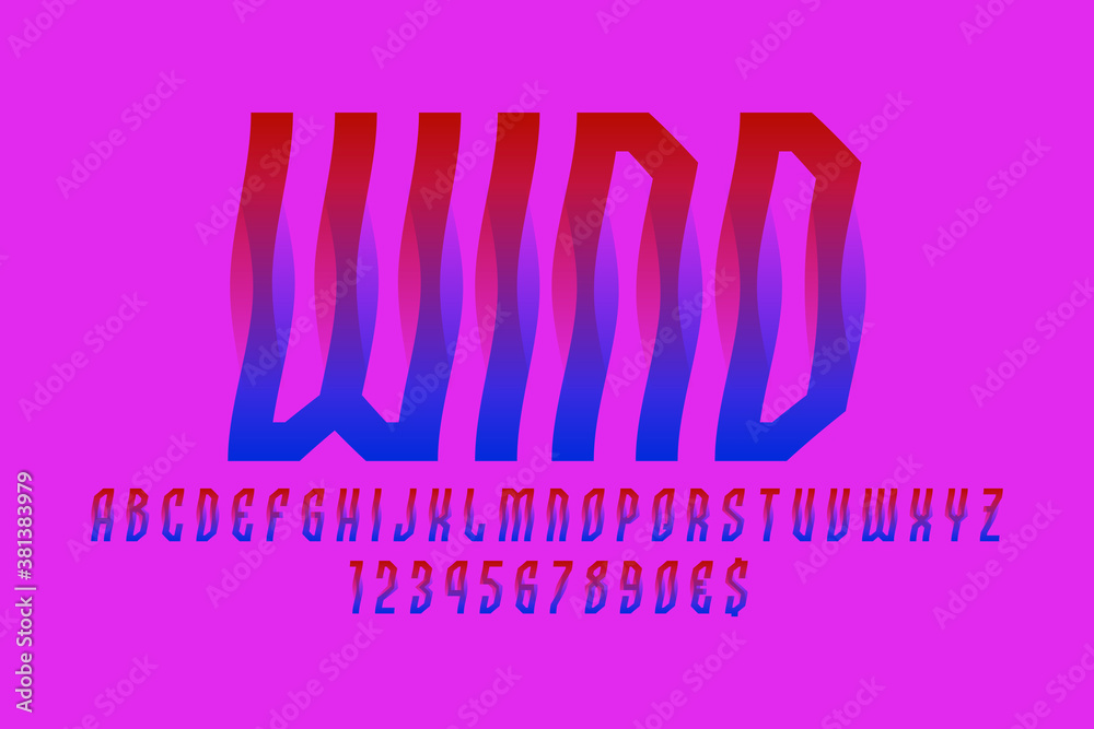 Wind artistic display font. Wavy red blue letters, numbers and currency ...