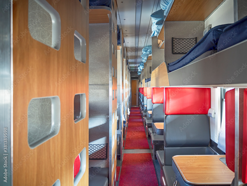 Interior of long-distance train with empty seats in sleeping car Stock ...