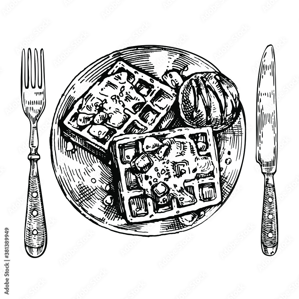 Waffles with ice cream on the plate, with fork and knife. Top view meal ...