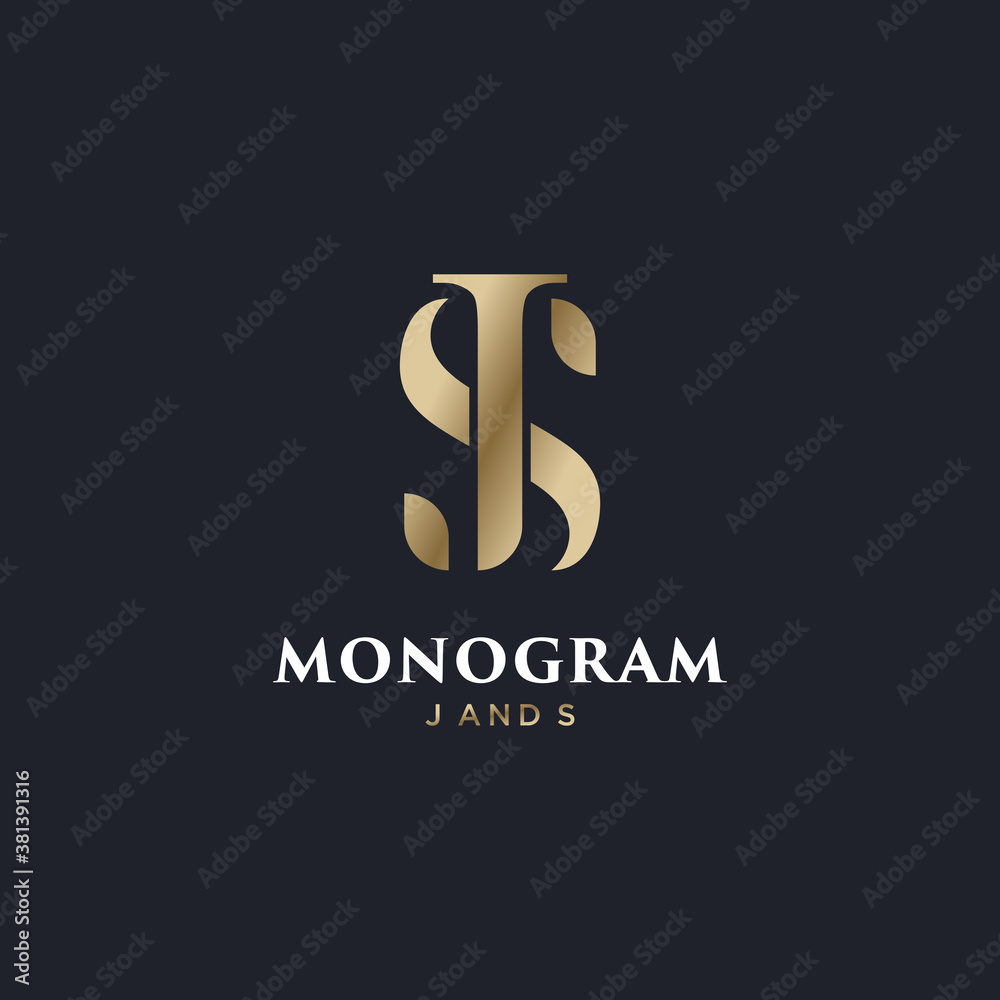 monogram logo vector js design with gold color and dark background ...