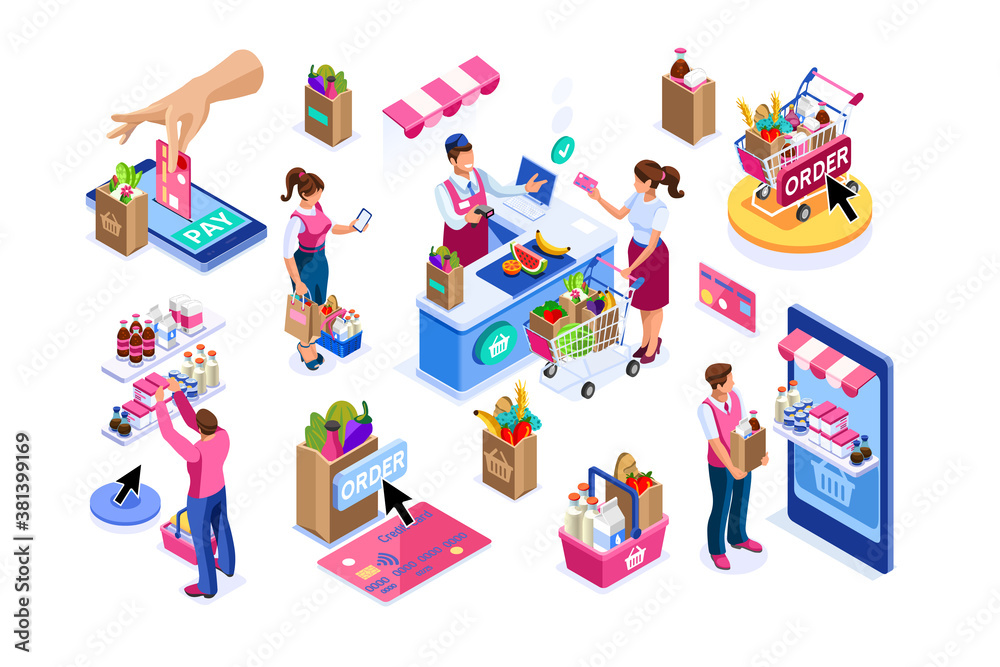 Goods purchases, cartoon set. Paying customers with trolley ...