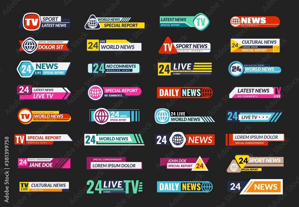 Broadcasting TV banner set. News television screen header, square ...
