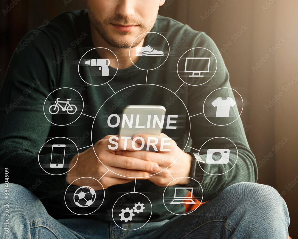 Shopping on internet. Young guy browsing online store, collage with ...