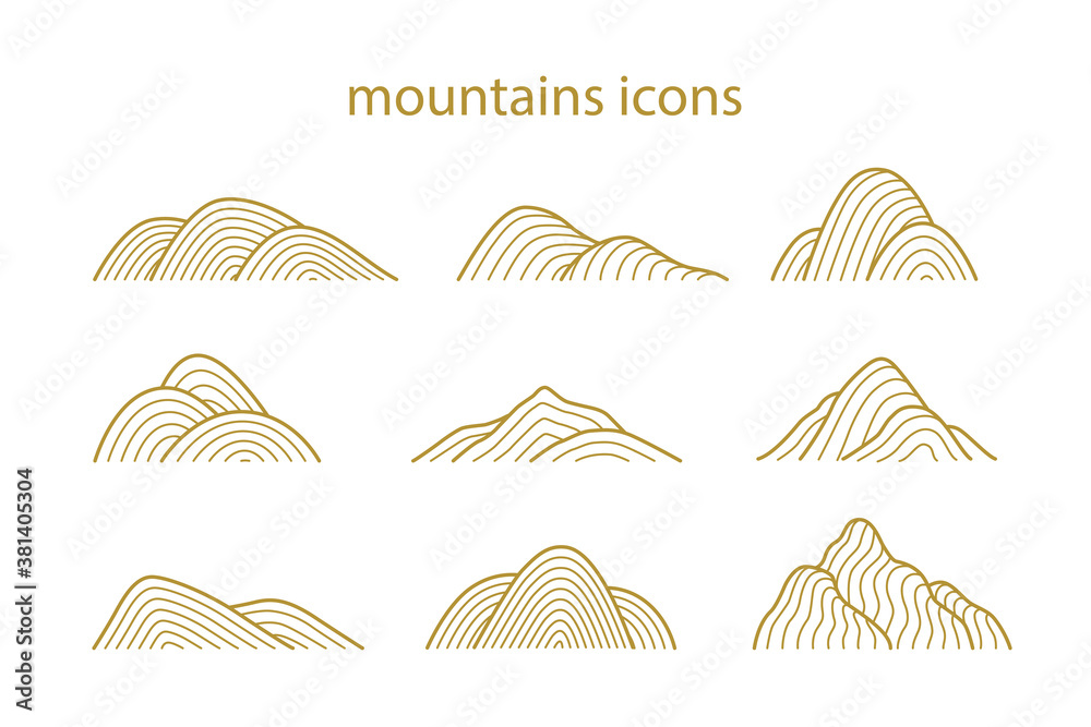 Collection of mountain shapes icons isolated on white background. Line ...