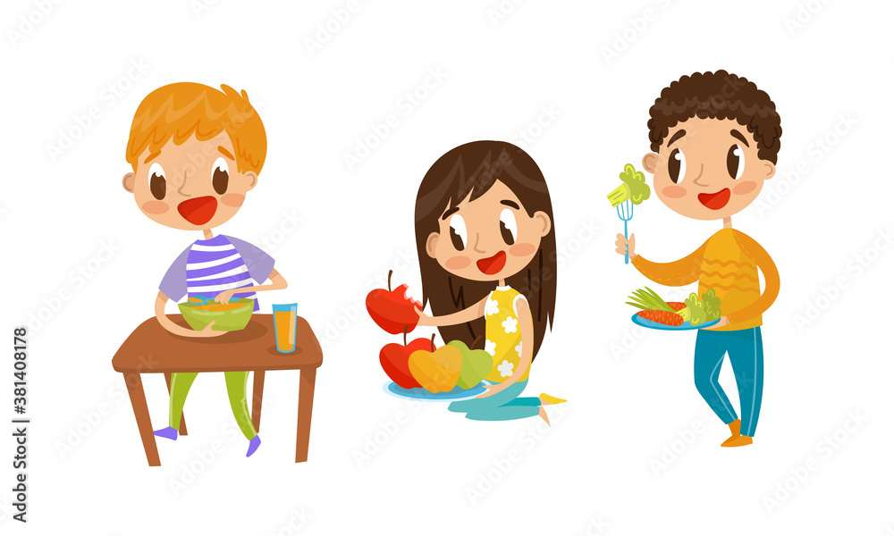 Cute Boy and Girl Character Eating Healthy Food for Lunch Vector Set ...