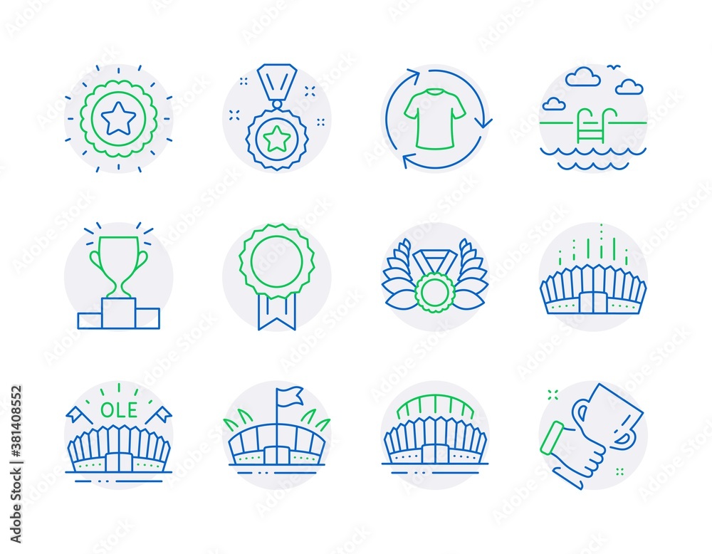 Sports icons set. Included icon as Laureate medal, Arena stadium ...