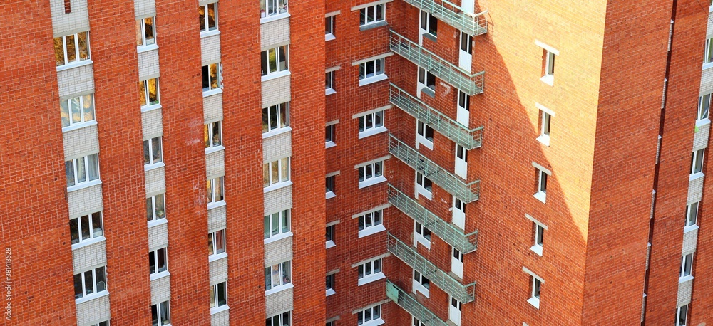 Red brick multi-storey residential building Soviet architecture Stock ...