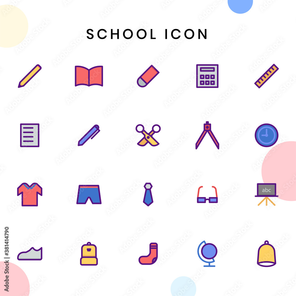 School equipment filled line icon set, education vector concept. Design ...