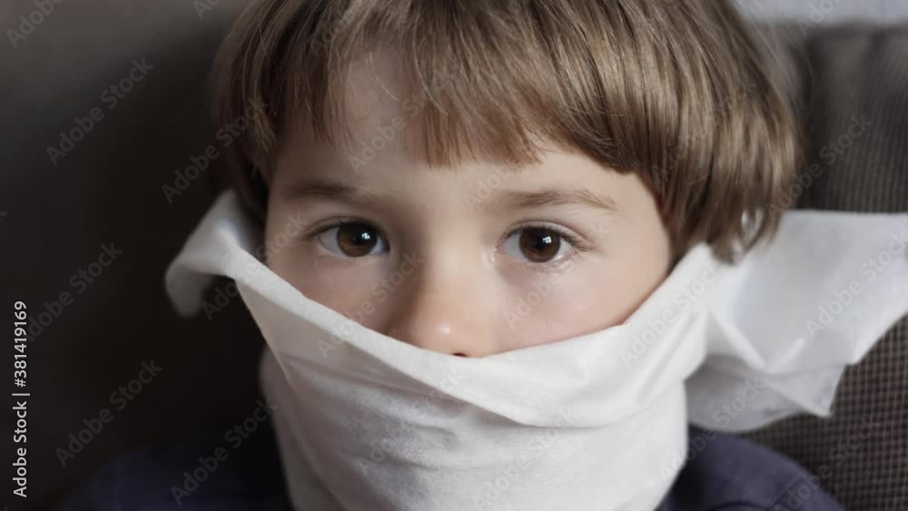 Portrait Of Unhealthy Sick Kid Boy With Napkin Close Her Nose From ...