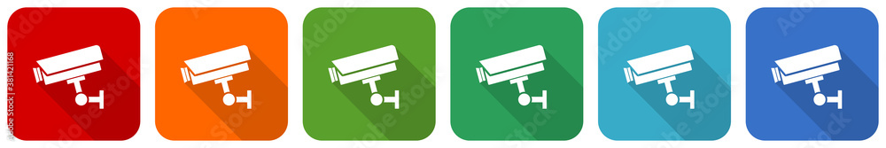 Cctv camera icon set, flat design vector illustration in 6 colors ...
