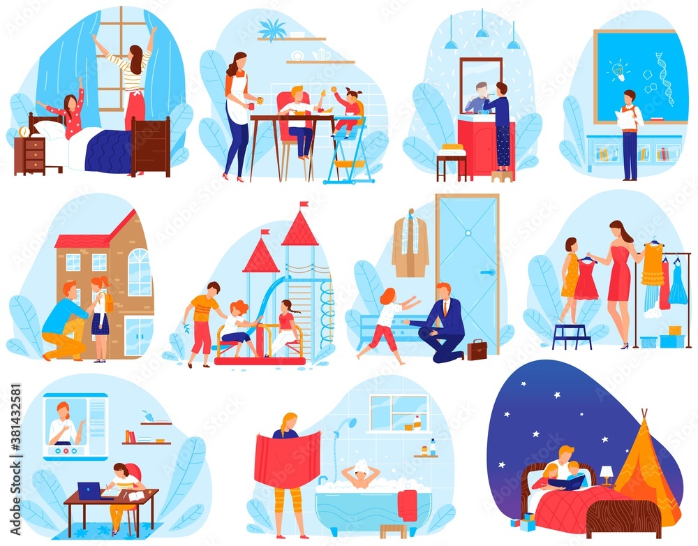 Vettoriale Stock Child lifestyle daily routine vector illustration set ...