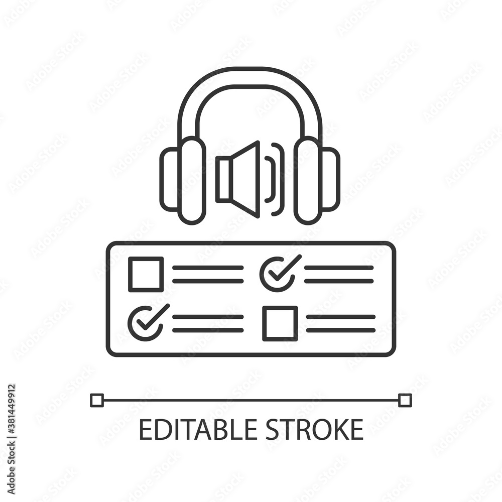 Listening examination pixel perfect linear icon. Comprehension practice tests. Education. Thin ...