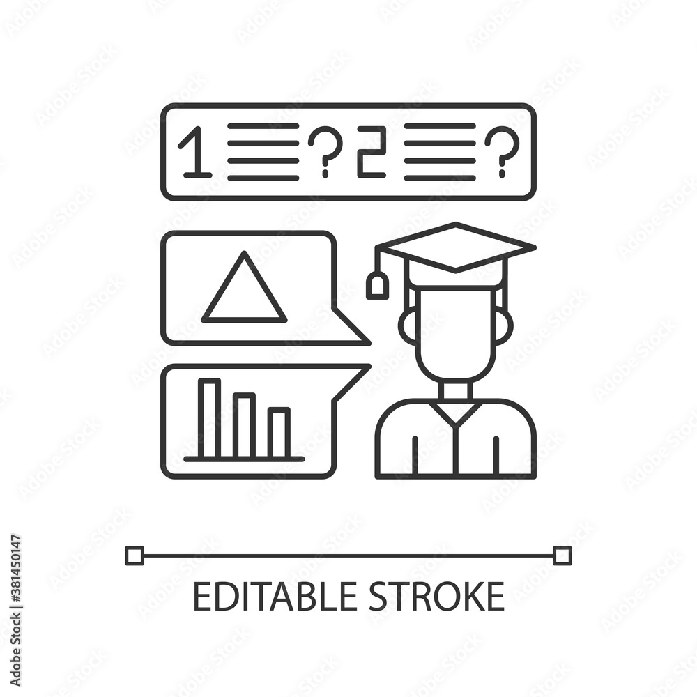 Oral exam pixel perfect linear icon. Student examination in spoken form ...