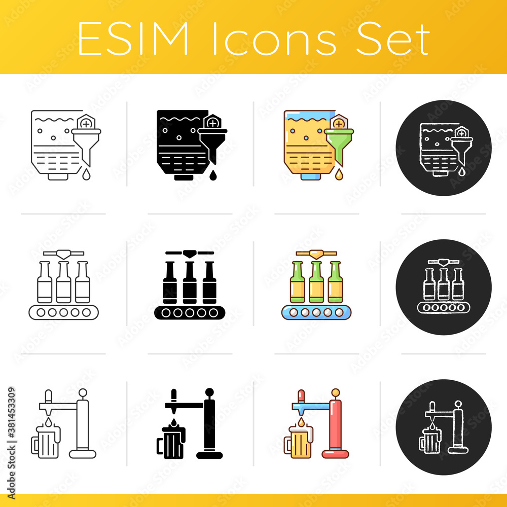 Beer production icons set. Mashing step for brewing process. Factory ...