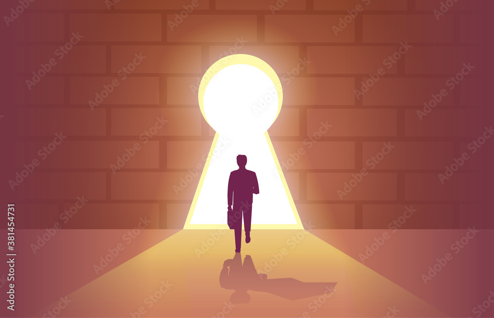 Vector of a brave business man entering a door in a shape of a keyhole ...