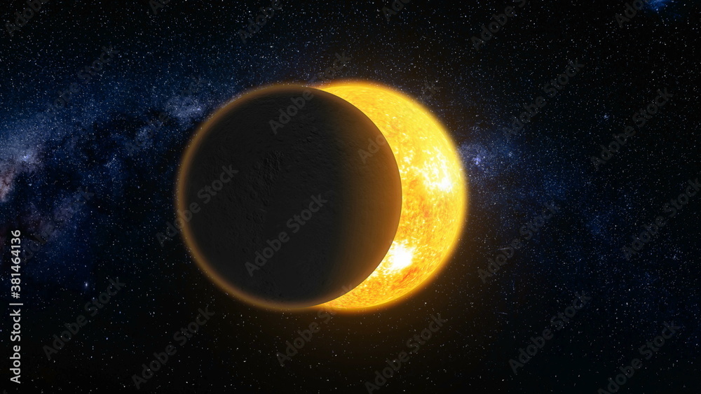 Total solar eclipse 3d: lunar silhouette art illustration. Epic scenery ...