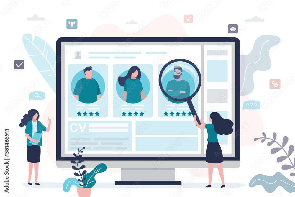 Female character choosing best candidate for job. Profiles of different ...