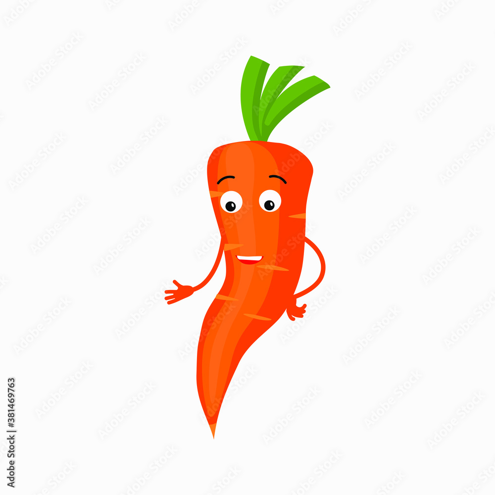 Cartoon carrot with eyes, mouth and hands on a white isolated ...