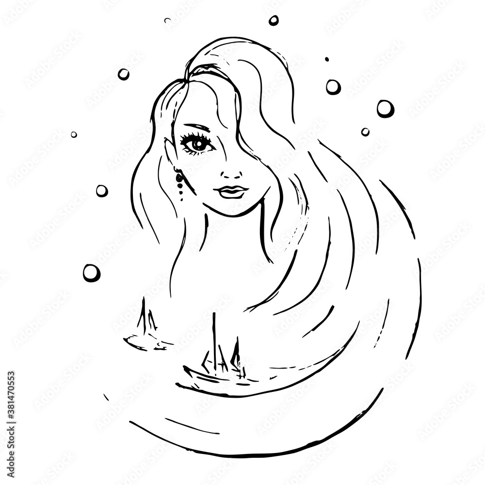 Fantasy portrait marine girl with wave long hair with ship. Ocean sea ...