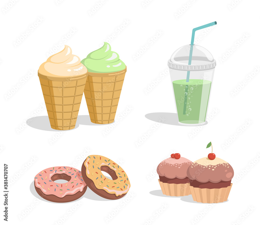 Ice cream, soda, doughnuts, and chocolate cupcakes vector flat cartoon ...