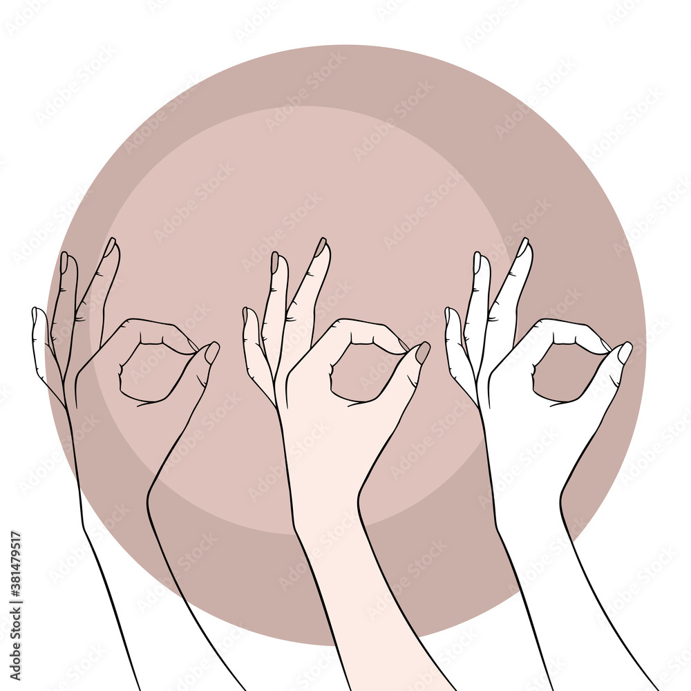 Ok sign Yes Hand sign set. Okay Light skin and Black on white hands ...