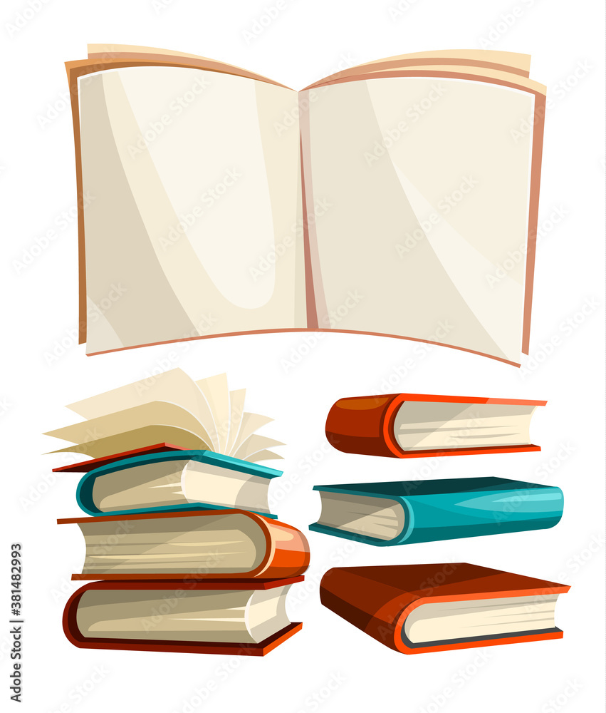 Big piles set of cartoon books with open empty pages spread template ...