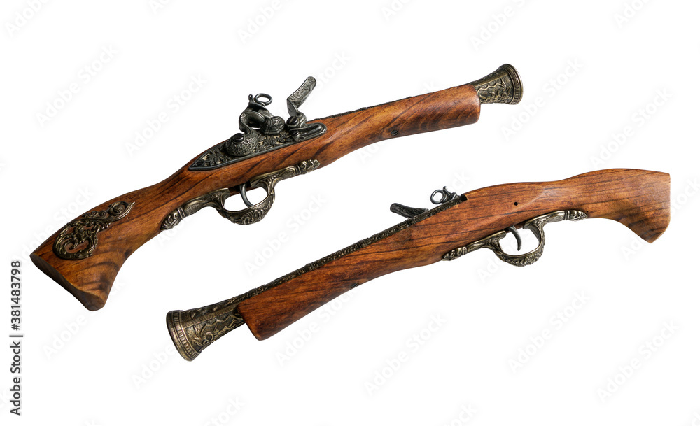 Both sides of an ornate Prussian military percussion pistol, isolated ...