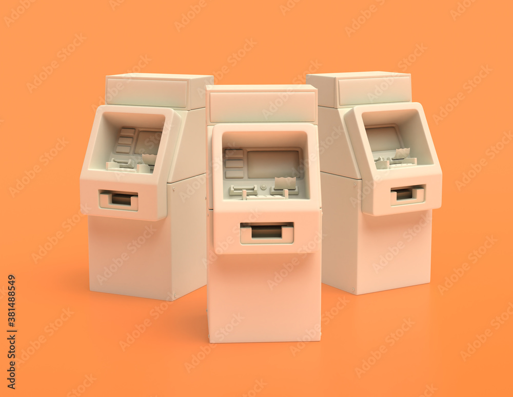Three white plastic Automated Teller Machines or ATM machines side by ...