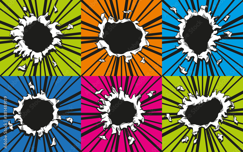Set of comic book holes. Vector paper is torn through boom explosion ...