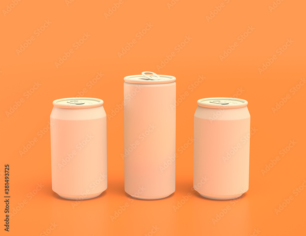 white plastic tall and normal soda cans in yellow orange background ...