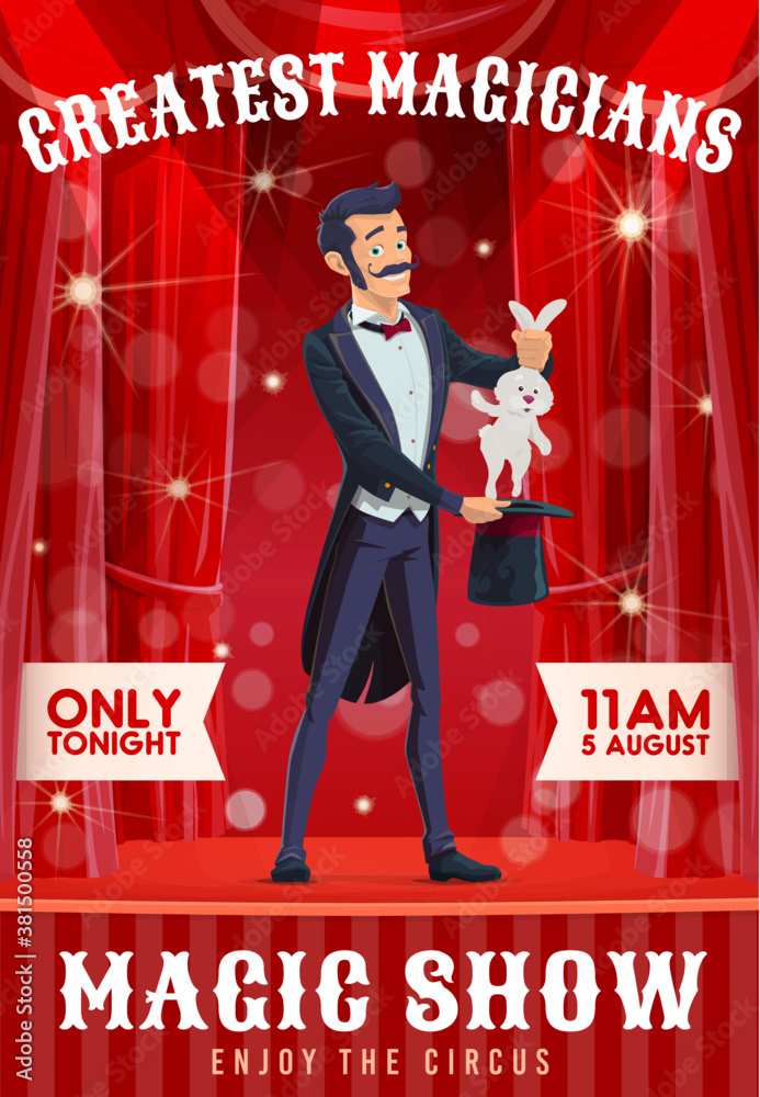 Circus illusionist magic show. Magician in tuxedo or tailcoat ...