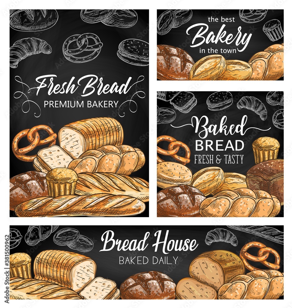 Bakery fresh bread sketch vector banners. Baguette and bloomer loaf ...