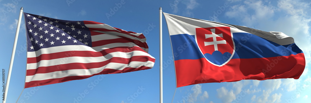 Flying flags of the USA and Slovakia on high flagpoles. 3d rendering ...