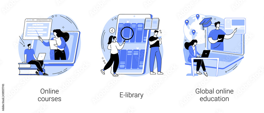 E-learning tools abstract concept vector illustration set. Online ...