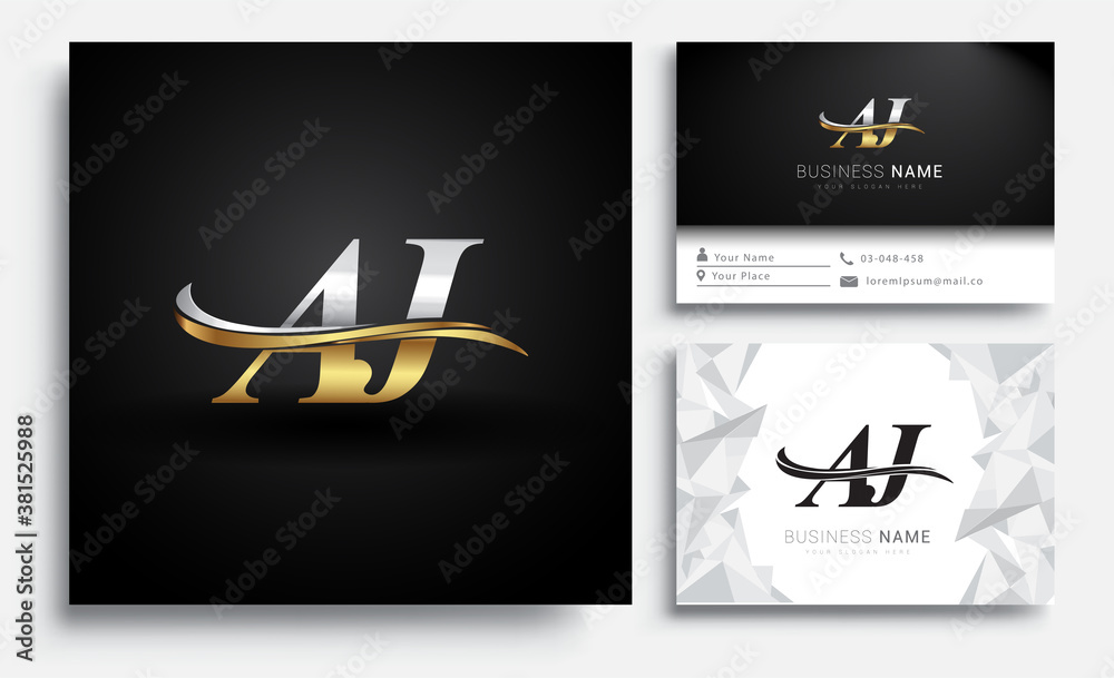 initial letter AJ logotype company name colored gold and silver swoosh ...