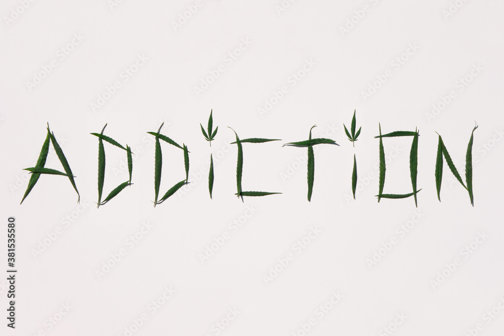 Word ADDICTION from green hemp leaves on a white background ...