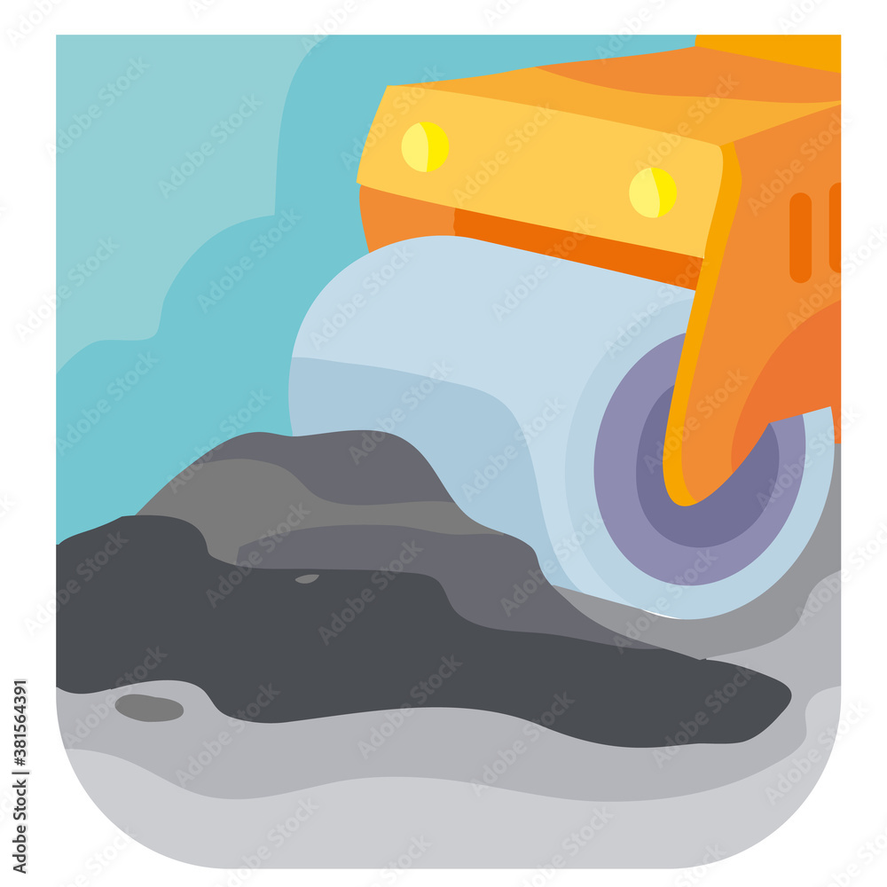 cartoon illustration, asphalt paver machine rolls up a pile of asphalt ...