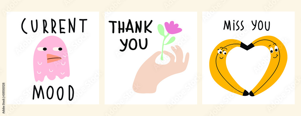 Vector set. Cute cards with different emotions and moods. All elements ...