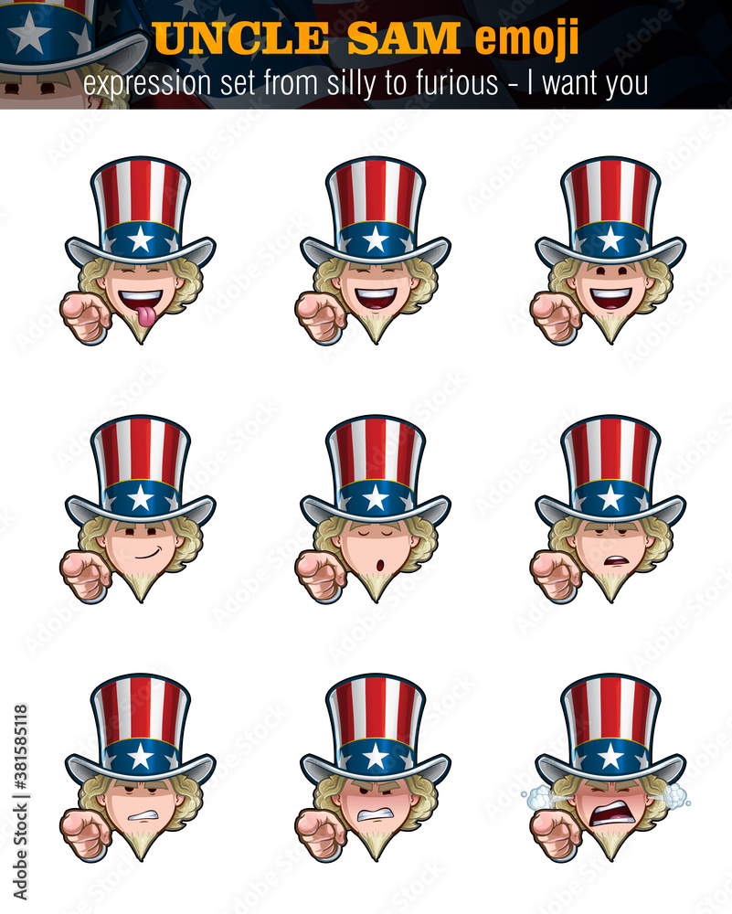 Uncle Sam Emoji - Expression Set from Silly to Furious - I Want You ...
