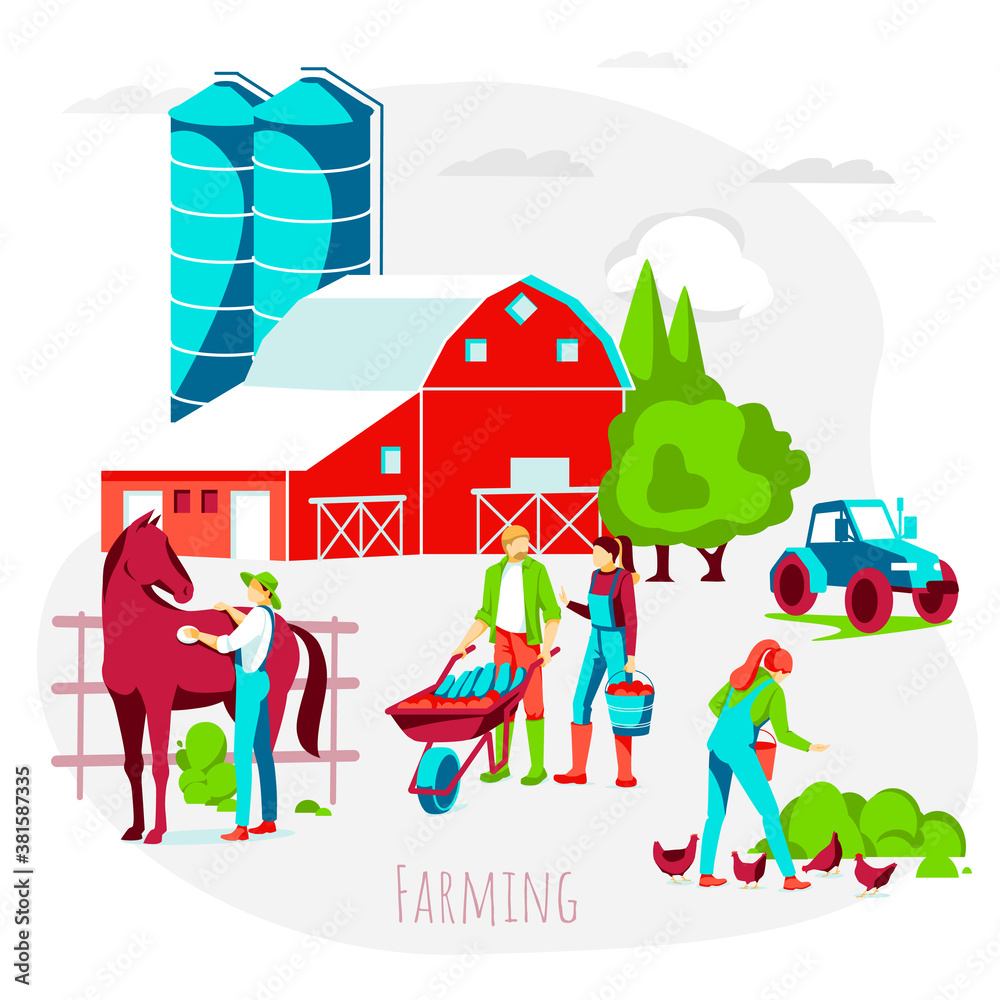 People doing farming activities. Farmers working on farm, taking care ...