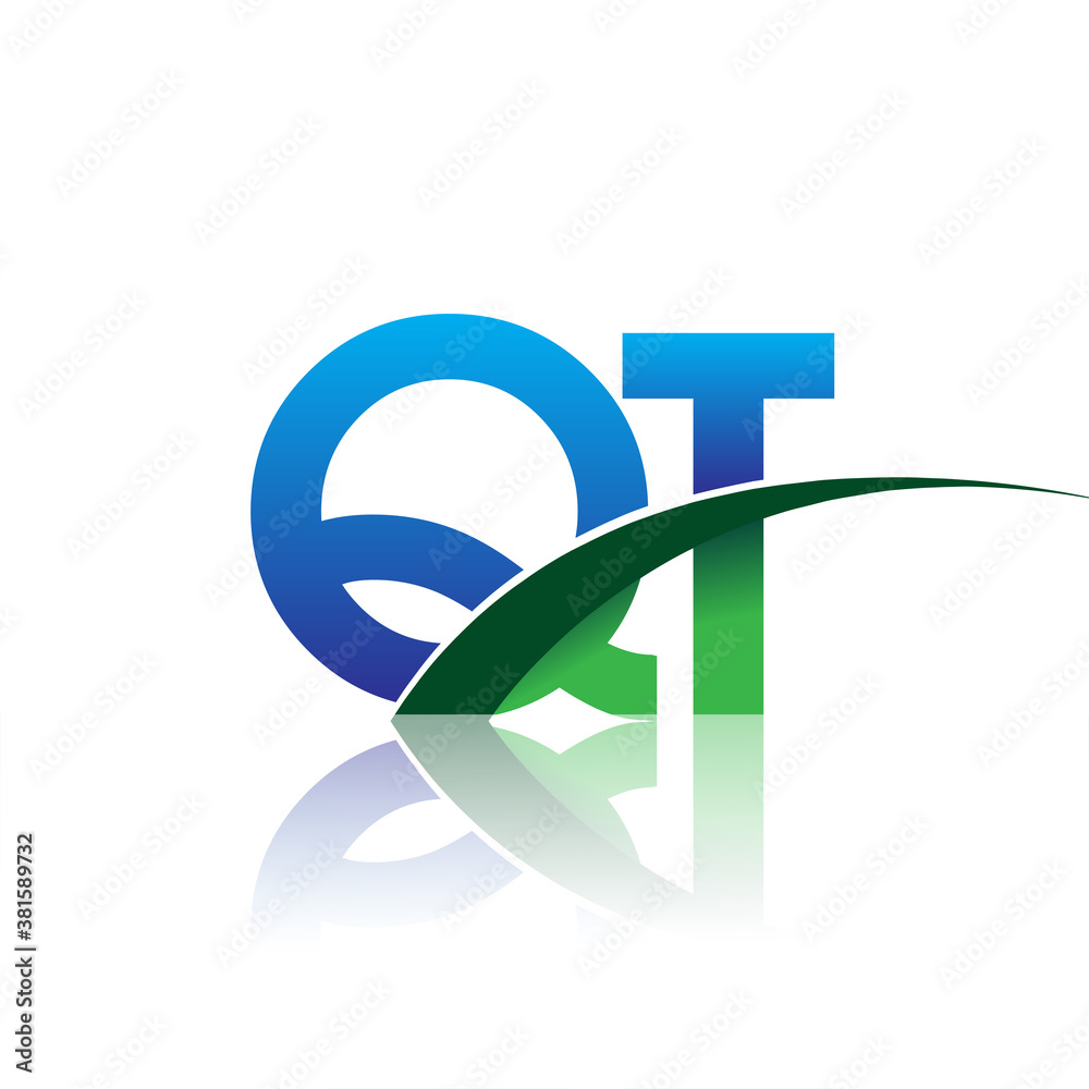 initial letter QT logotype company name colored blue and green swoosh ...