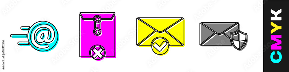 Set Mail and e-mail, Delete envelope, Envelope and check mark and Envelope with shield icon ...