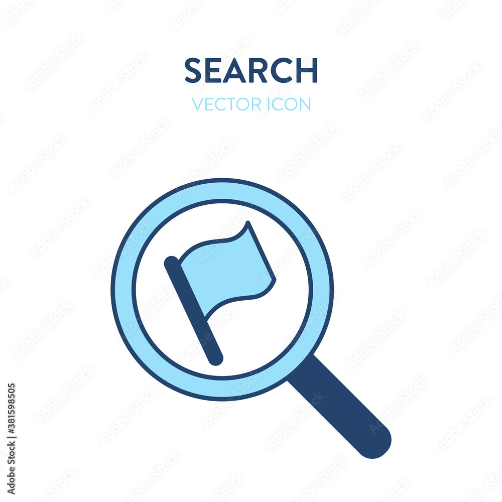 Flag search icon. Vector illustration of a magnifier tool with a ...