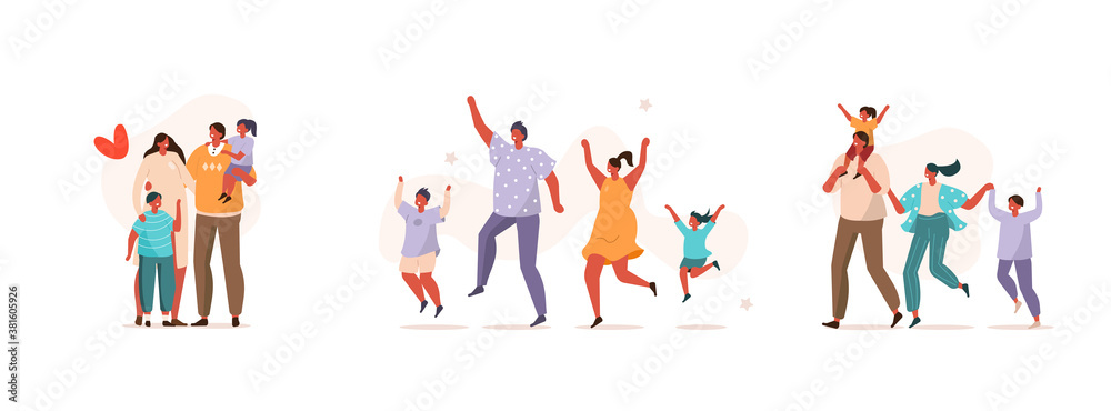 Happy Family doing Activities. They are Jumping, Running, Dancing and ...
