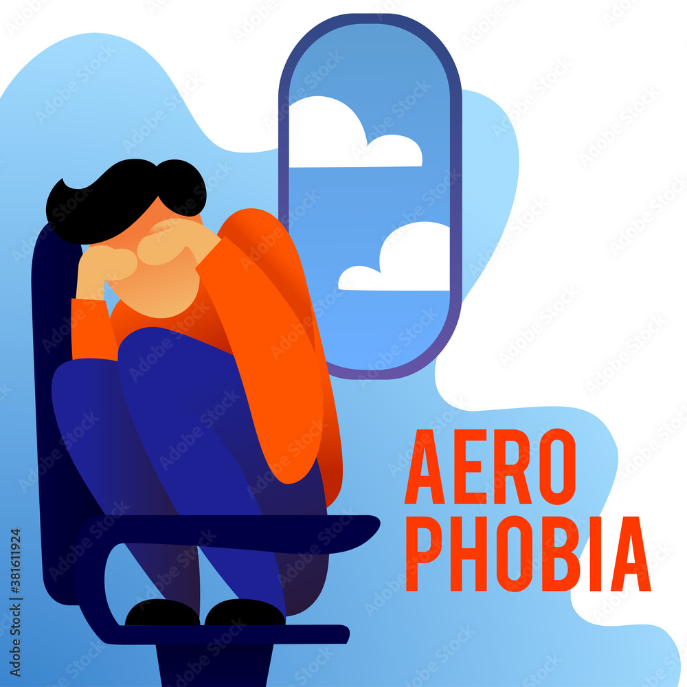 A vector image of a man in the airplane having an aerophobia. A ...