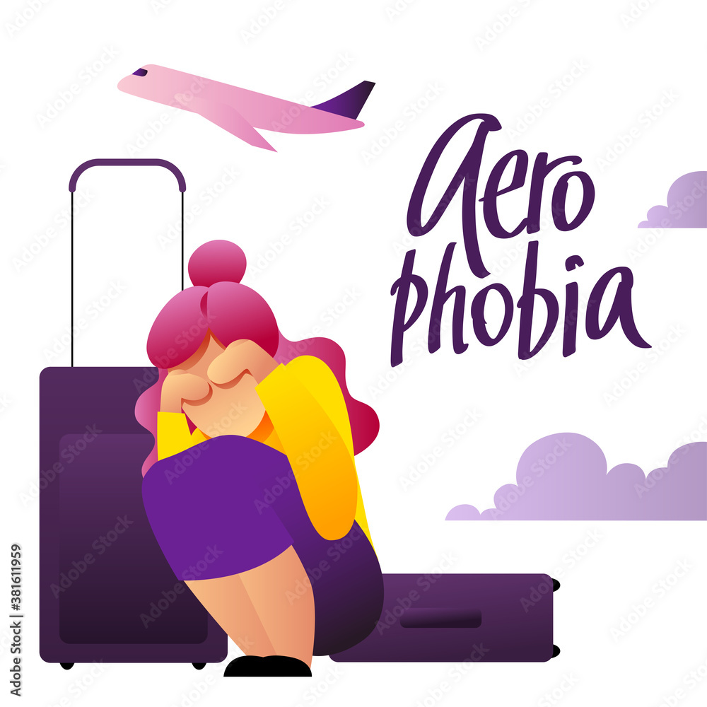 A vector image of a woman having an aerophobia. A passenger being ...