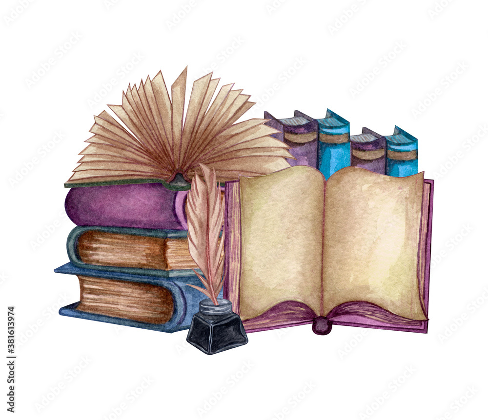Hand Drawn watercolor illustration a pile of old books, ink bottle, ink ...